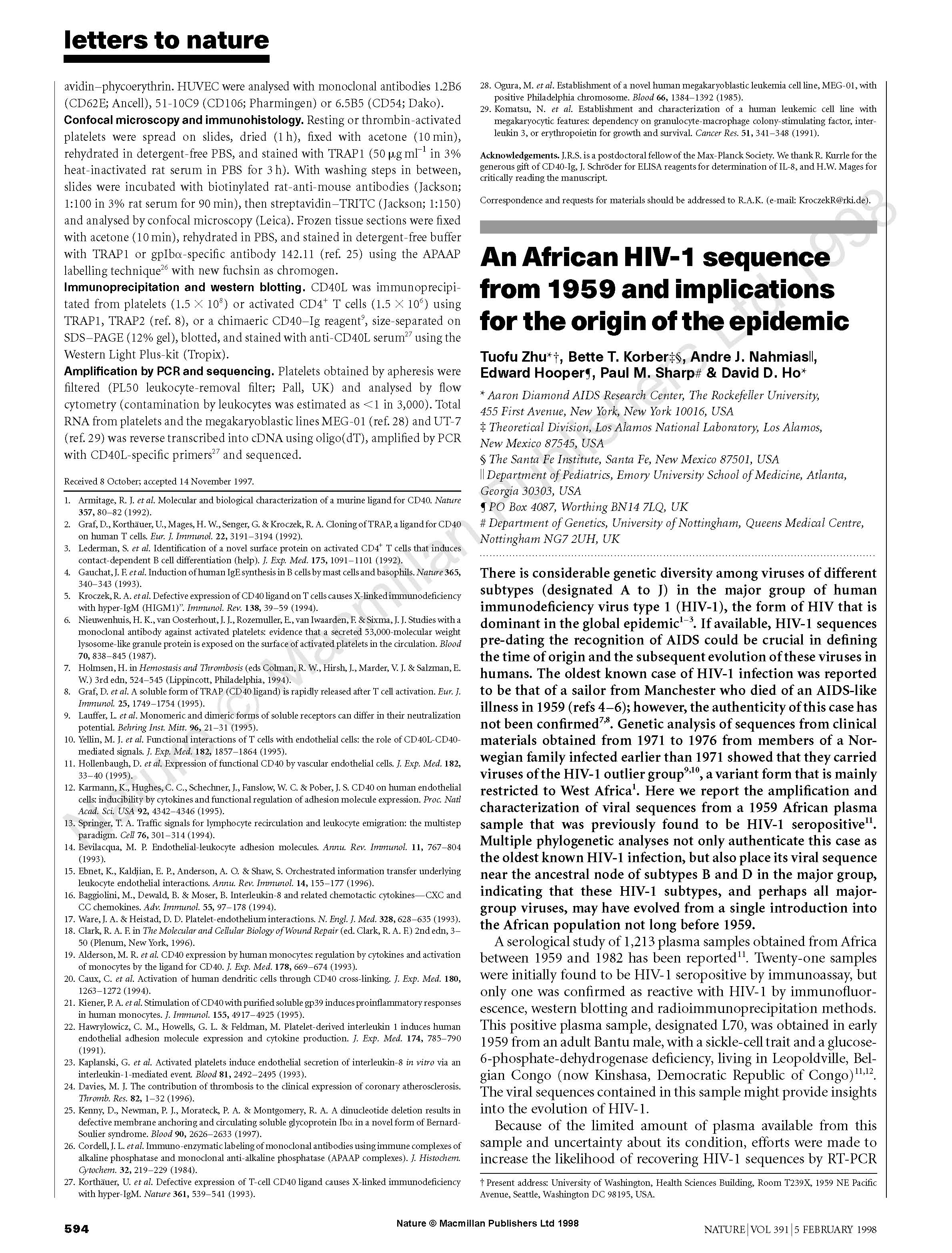 An African HIV-1 sequence from 1959 and implications for the origin of ...