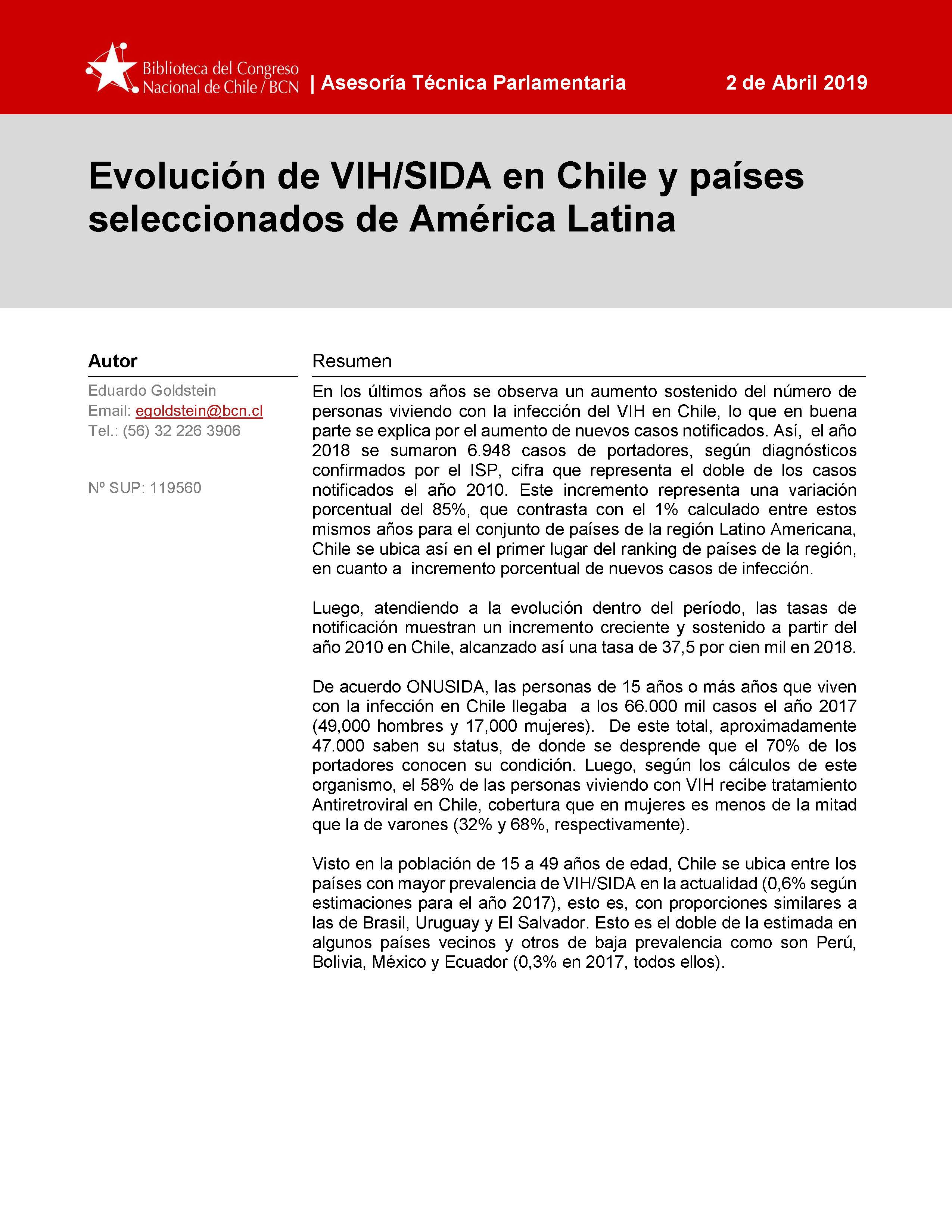 Evolución De Vih Sida En Chile Y Países Seleccionados De América Latina