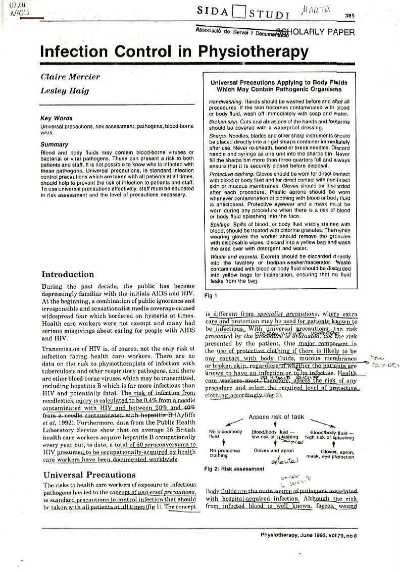 Infection control in physiotherapy. SIDA STUDI